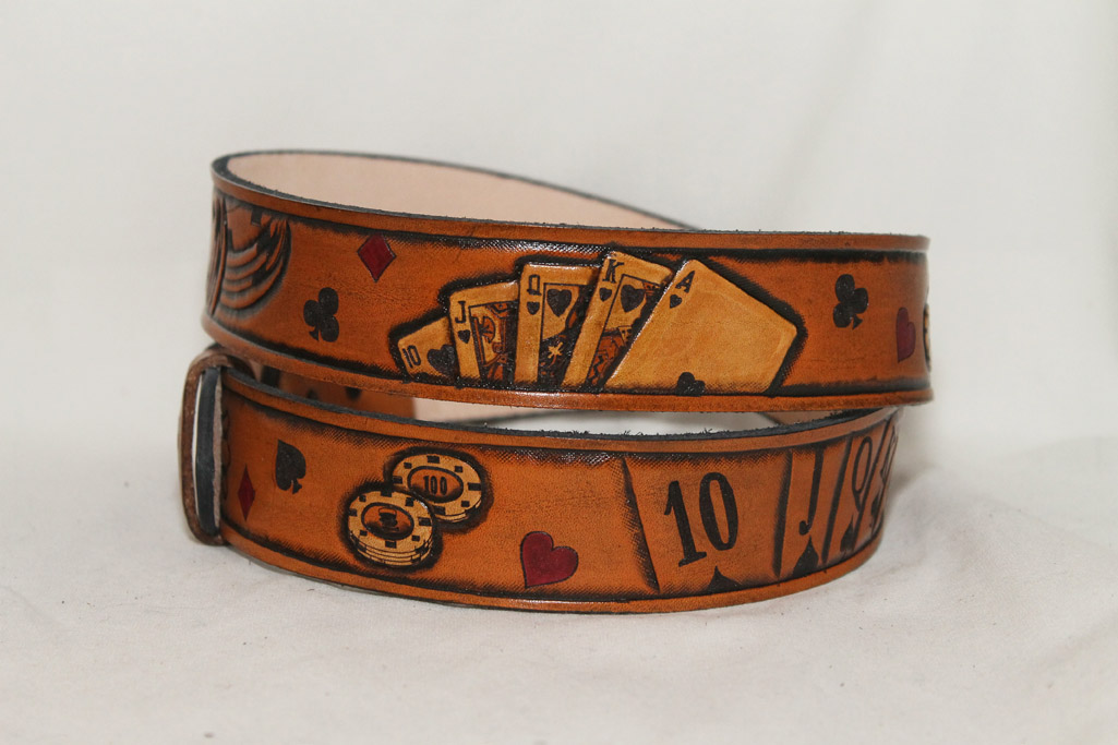Hand Carved Leather belt - Playing Cards and Poker theme - Leatherwork ...